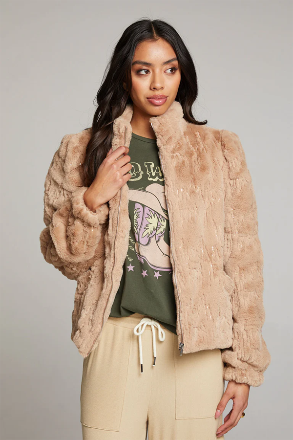 Sequin Faux Fur Coat | Cappuccino – West of Camden